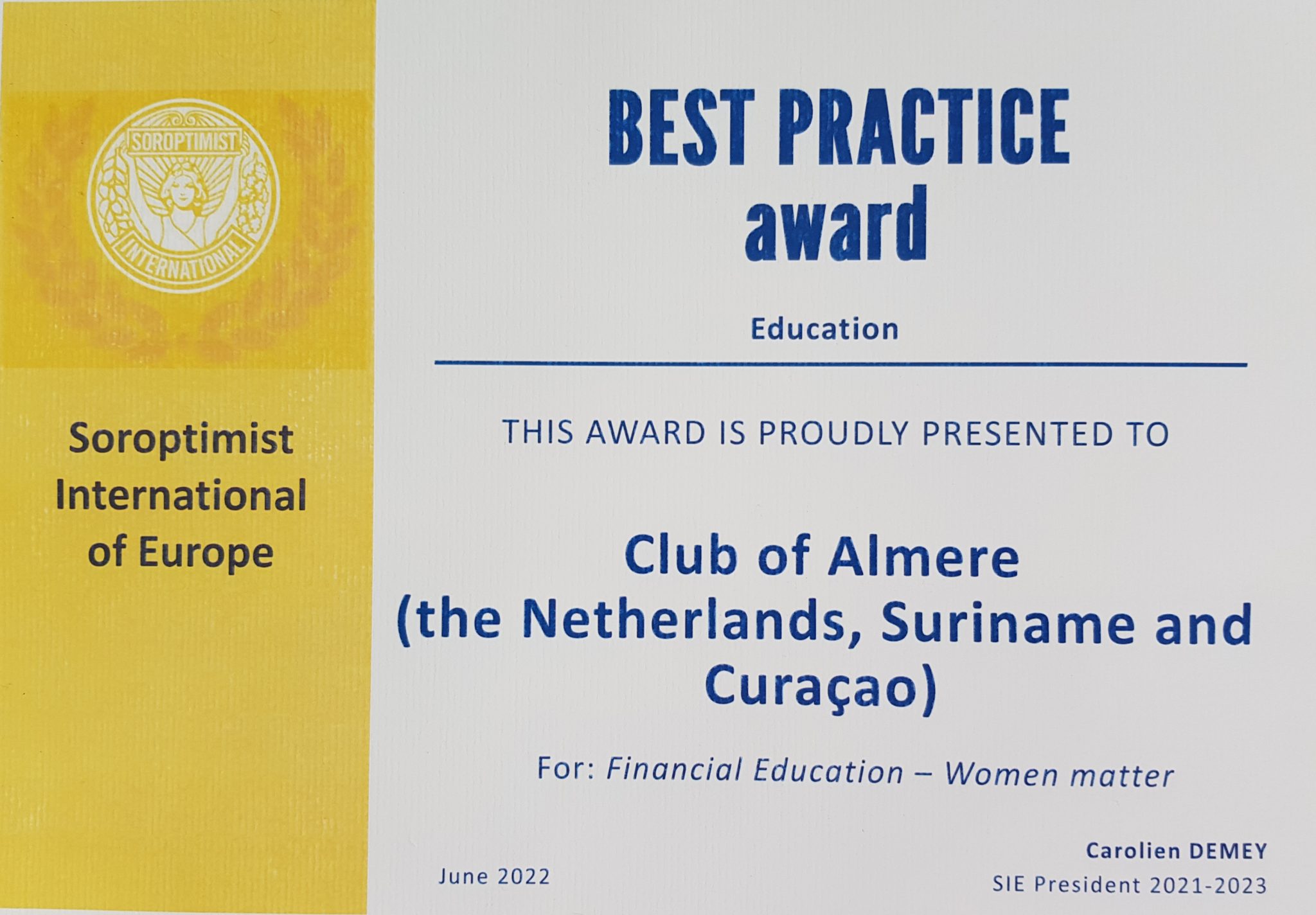 Soroptimist International Club Almere wint de Europese Best Practice ...